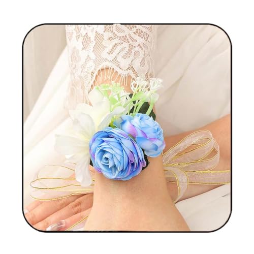 Latious Wedding Prom Wrist Corsage Rose Corsages Wristlet Bridesmaids Hand Flower Wristband Bridal Flowers Decor for Women and Girls (Blue Camellia)
