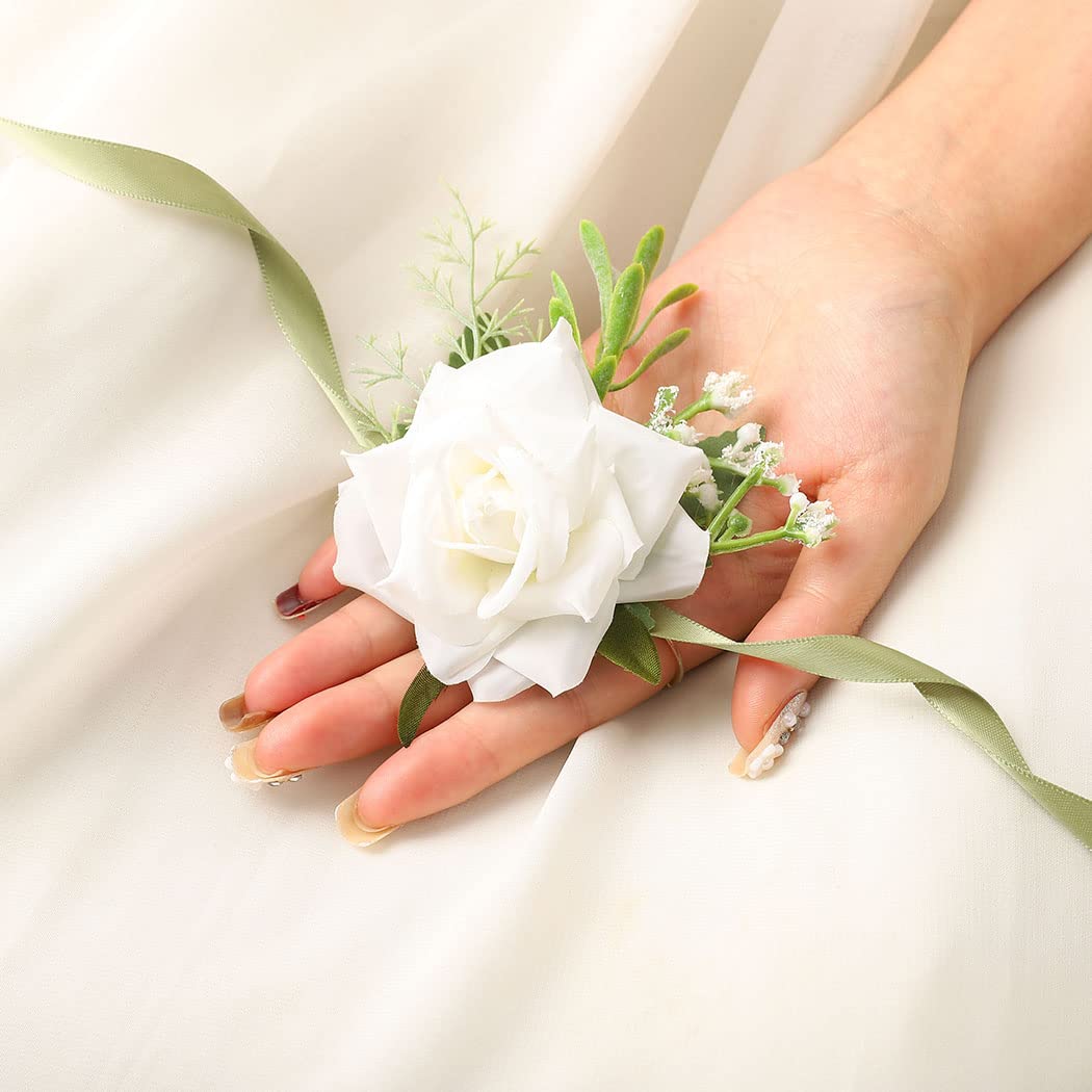 Latious White Wrist Corsage Prom Wedding Corsages Bridesmaids Hand Floral Decor for Women