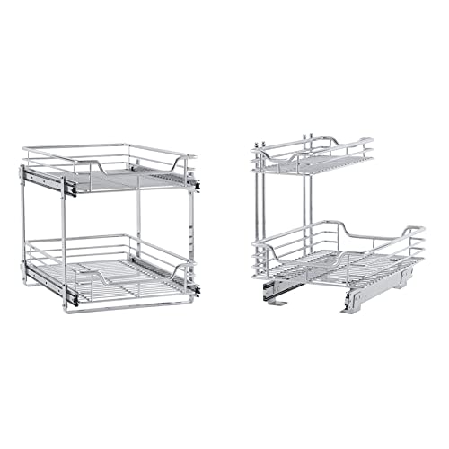Household Essentials C21521-1 Glidez Dual 2-Tier Sliding Cabinet Organizer, 14.5" Wide, Chrome & C26512-1 Glidez Under Sink Sliding Organizer | Pull Out Cabinet Shelf | Chrome | 12.5 Inches Wide