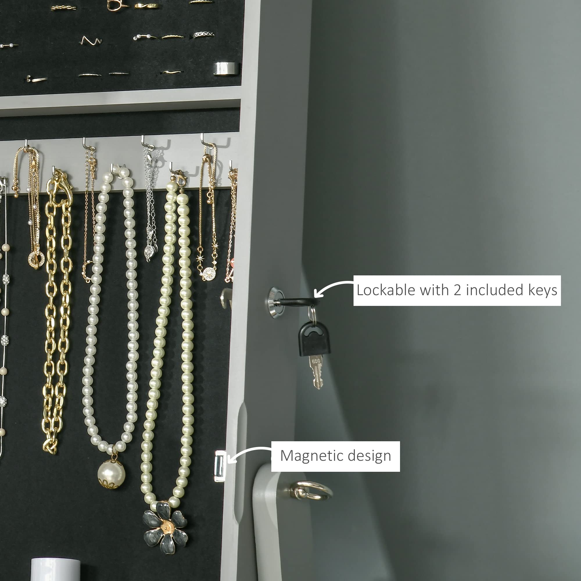 HOMCOM Floor Standing Jewelry Cabinet, Lockable Jewelry Organizer with Full-Length Mirror, and 3 Adjustable Angles, Grey