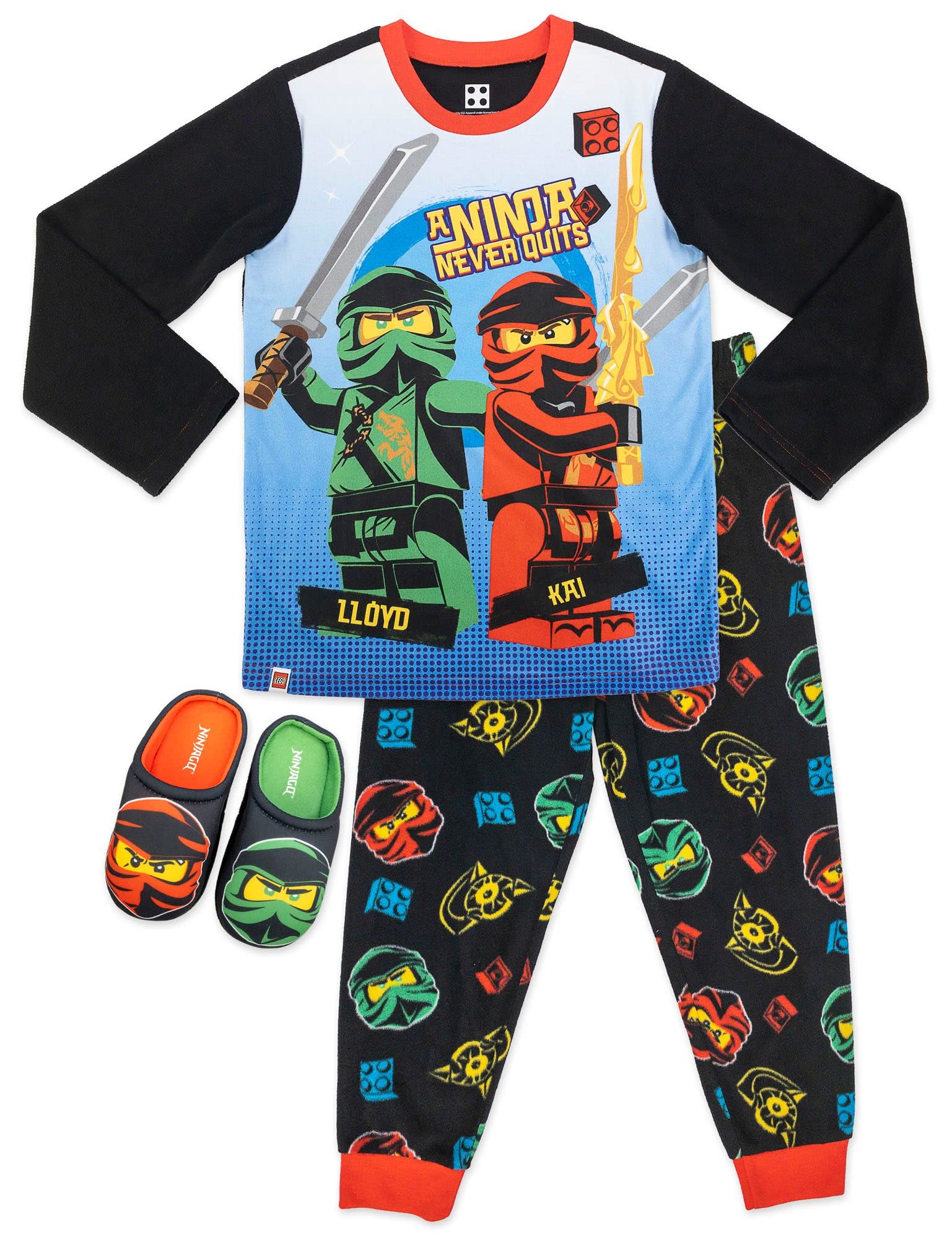 LEGO Ninjago Boys Pajama Set, Kai & Lloyd with Matching Cozeez Slippers, Black, Size 4/5