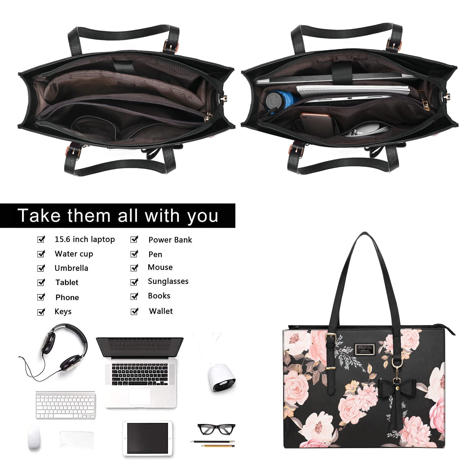MOSISO Laptop Tote Bag Compatible with MacBook Air 15 inch M2 A2941/Pro 16 M3 M2 M1, 15-15.6 inch Notebook, Peony PU Leather Travel Work Briefcase with Detachable Bowknot & Small Purse, Black