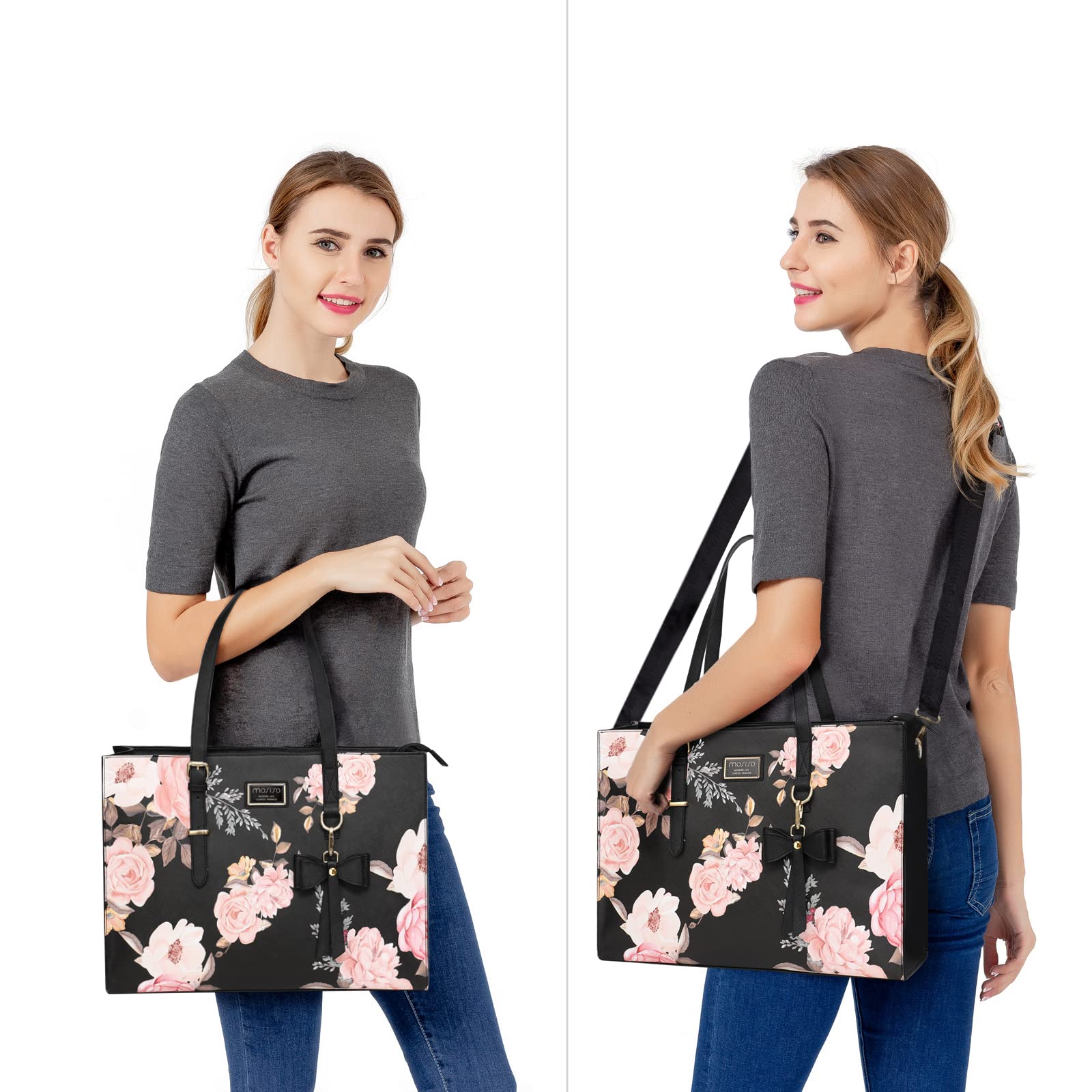 MOSISO Laptop Tote Bag Compatible with MacBook Air 15 inch M2 A2941/Pro 16 M3 M2 M1, 15-15.6 inch Notebook, Peony PU Leather Travel Work Briefcase with Detachable Bowknot & Small Purse, Black