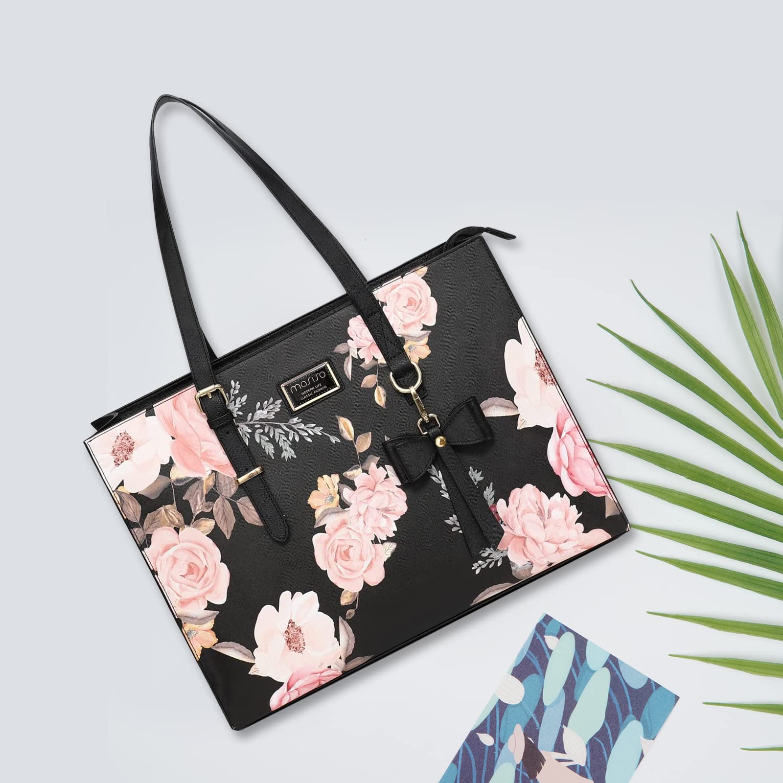 MOSISO Laptop Tote Bag Compatible with MacBook Air 15 inch M2 A2941/Pro 16 M3 M2 M1, 15-15.6 inch Notebook, Peony PU Leather Travel Work Briefcase with Detachable Bowknot & Small Purse, Black