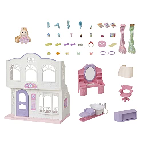 Calico Critters Pony's Stylish Hair Salon - 2-Story Salon Playset w/ Poseable Figure & 40+ Hair Styling Accessories for Ages 3+