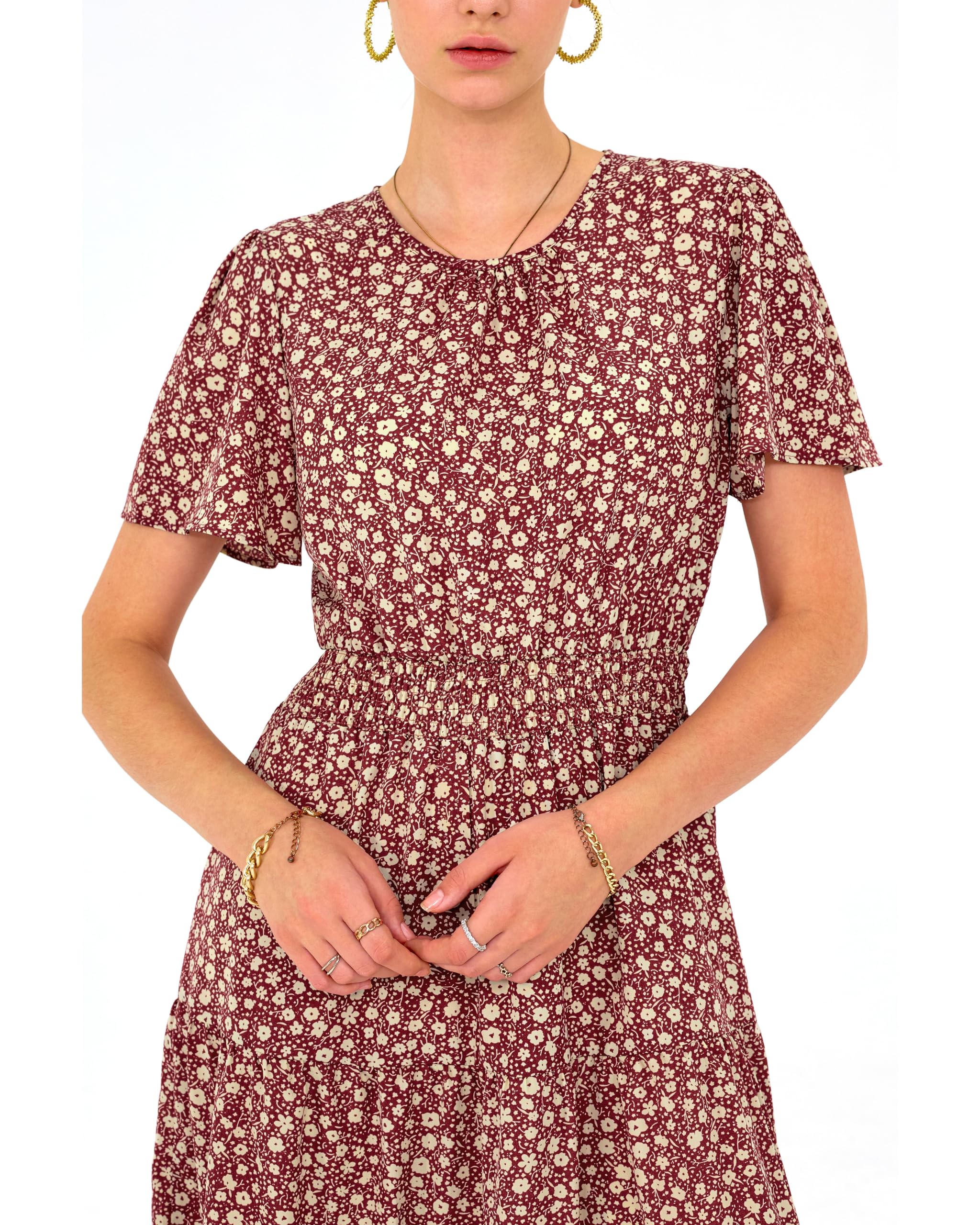 PRETTYGARDEN Women's Summer Casual Short Flutter Sleeve Round Neck Smocked Waist Tiered Boho Floral Flowy Maxi Dress(Floral Red Brown,X-Large)