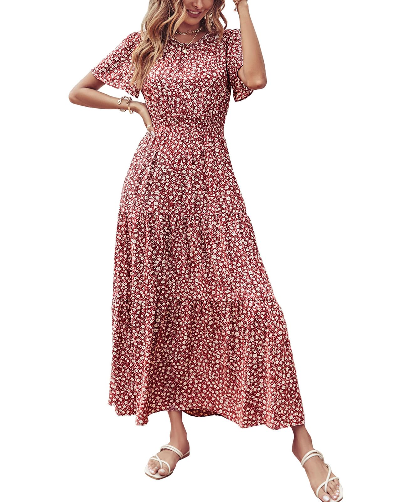 PRETTYGARDEN Women's Summer Casual Short Flutter Sleeve Round Neck Smocked Waist Tiered Boho Floral Flowy Maxi Dress(Floral Red Brown,X-Large)