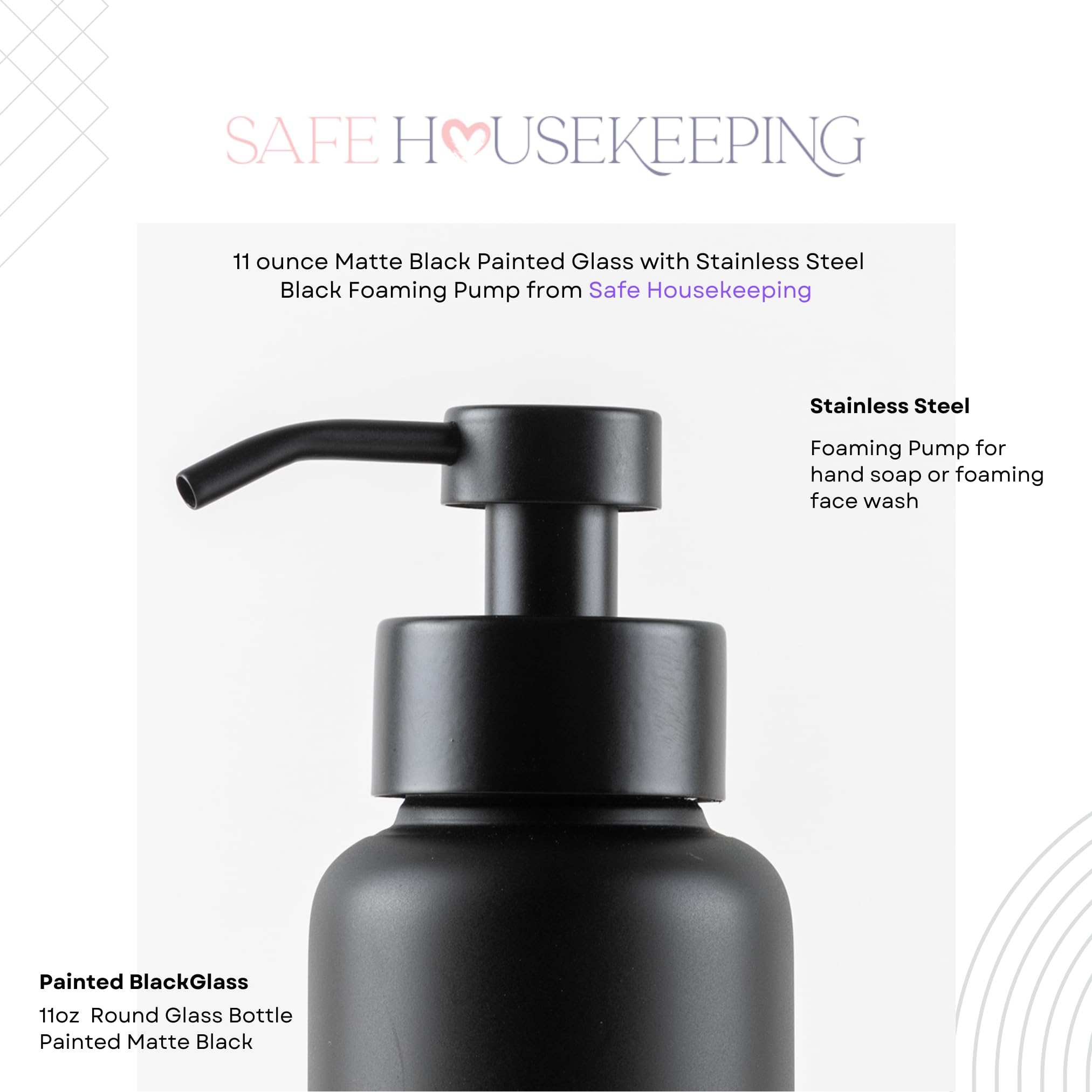 Black Glass Foaming Hand Soap Dispensing Bottle - Matte Black - 11 Ounce - Includes Hand Soap Labels & Silicone Coaster