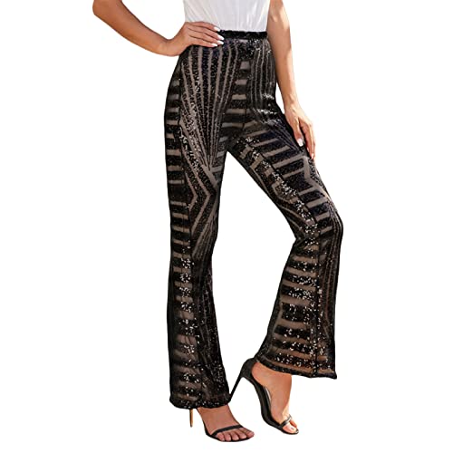 XBTCLXEBCO Sequin Bell Bottoms for Women Glitter High Waist Wide Leg Palazzo Pants Casual Sparkle Flared Trousers Disco Pants (Black, X-Large)