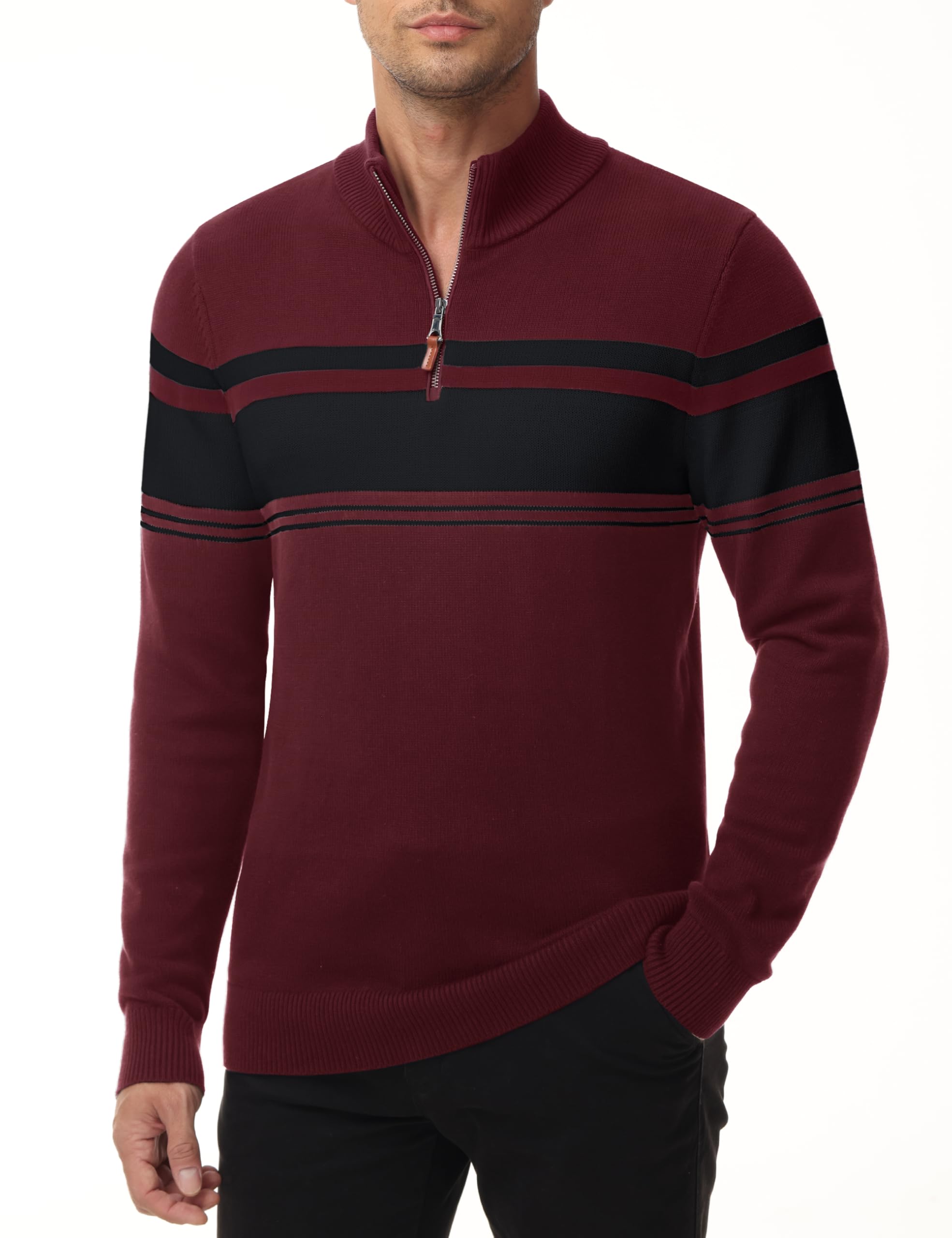 MAGNIVIT Men's Stand Collar Pullover Casual Long Sleeve Knitted Sweater Mens Mock Neck Sweater Wine Red L