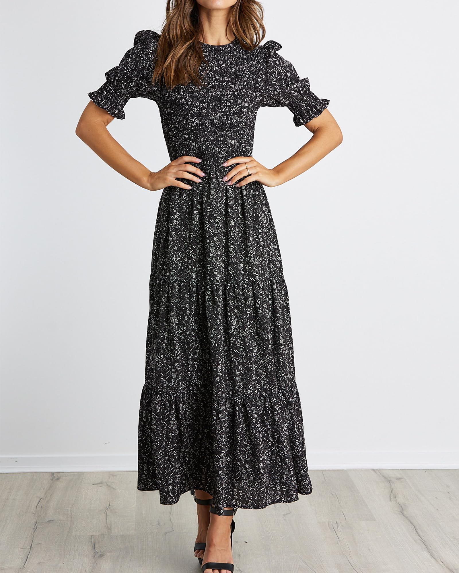 BTFBM Women Casual Summer Dresses 2025 Spring Crew Neck Ruffle Short Sleeve Floral Print Smocked Boho Flowy Maxi Dress(Floral Black White, Large)