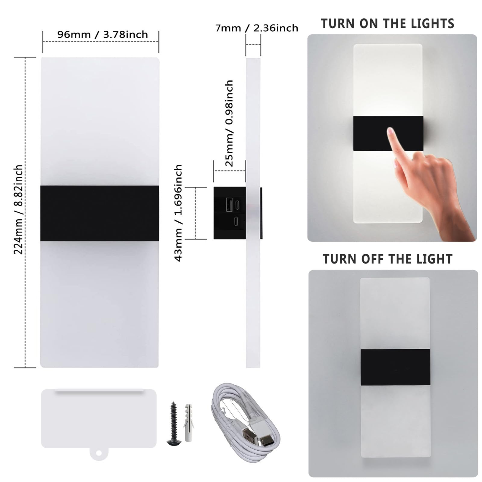 ANKBOY LED Wall Sconces Set of Two Battery Operated with Switch, Cordless Magnetic Wall Lamp Rechargeable USB Bedside Wall Light Fixtures for Bedroom, 3 Brightness Adjustable, Cool White 6000K