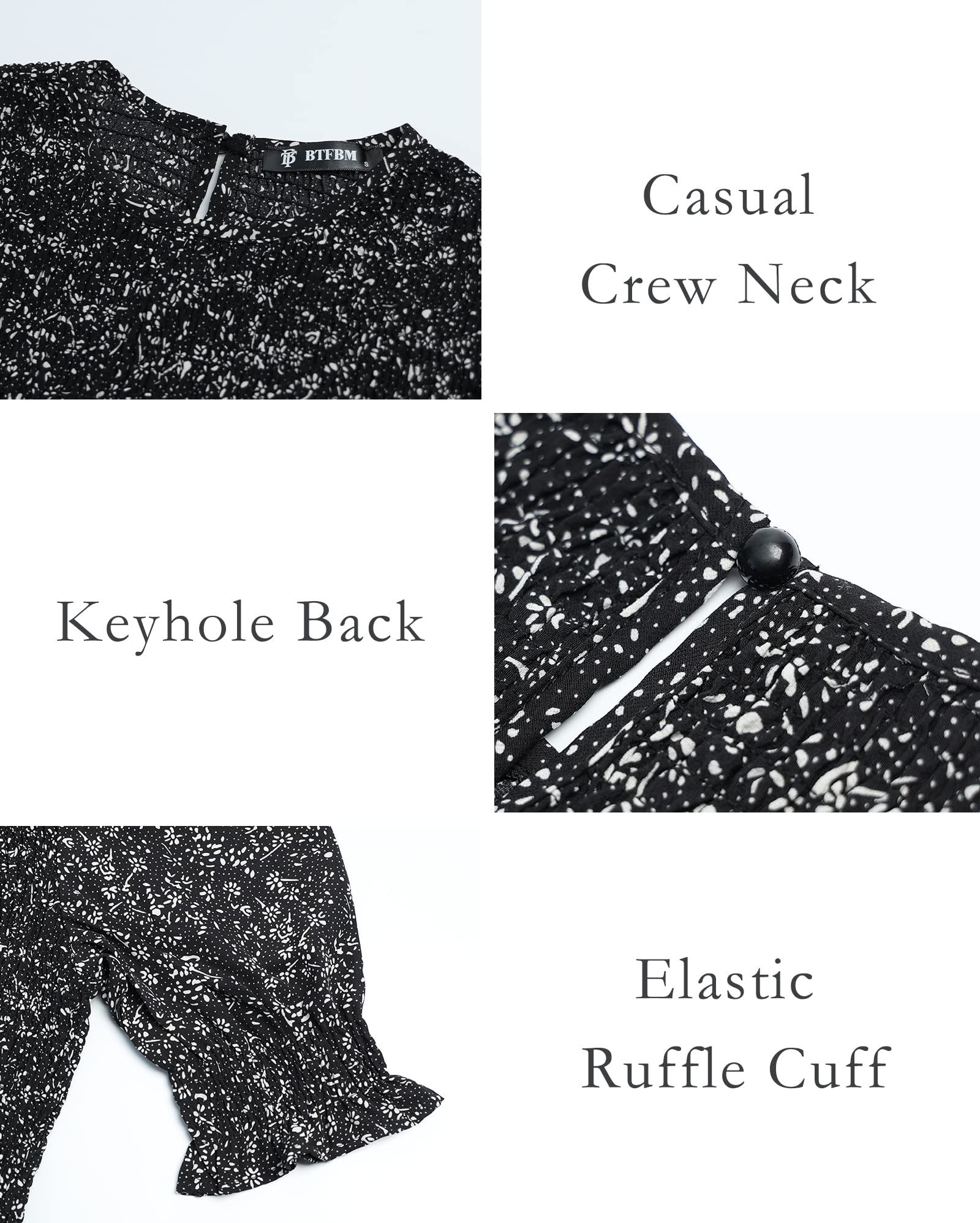 BTFBM Women Casual Summer Dresses 2025 Spring Crew Neck Ruffle Short Sleeve Floral Print Smocked Boho Flowy Maxi Dress(Floral Black White, Large)