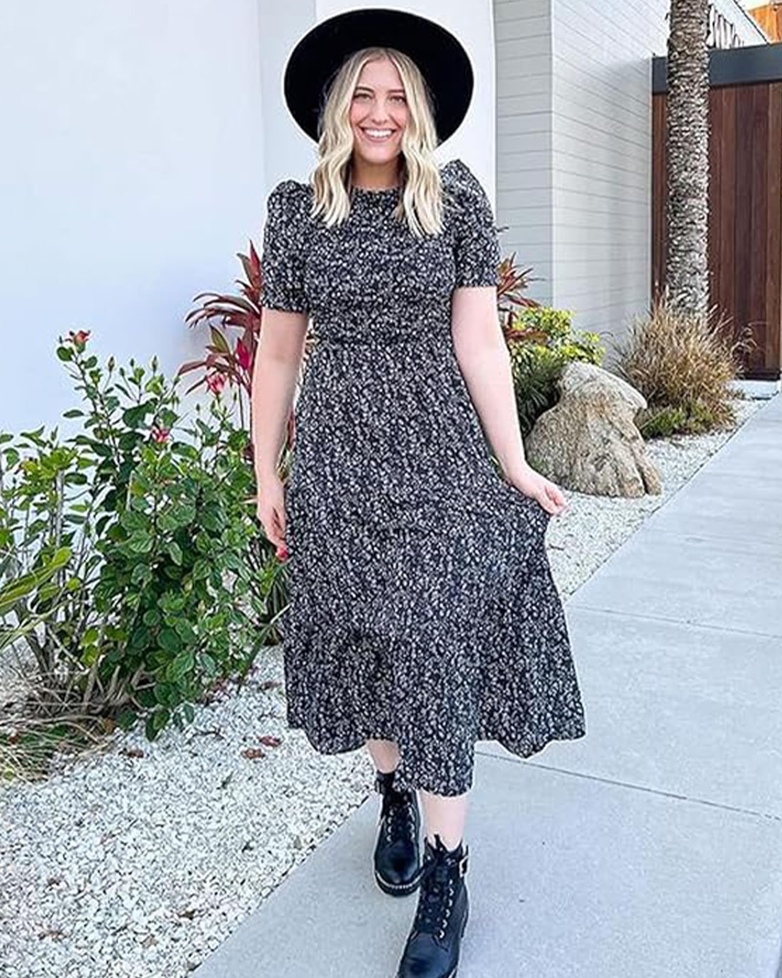 BTFBM Women Casual Summer Dresses 2025 Spring Crew Neck Ruffle Short Sleeve Floral Print Smocked Boho Flowy Maxi Dress(Floral Black White, Large)