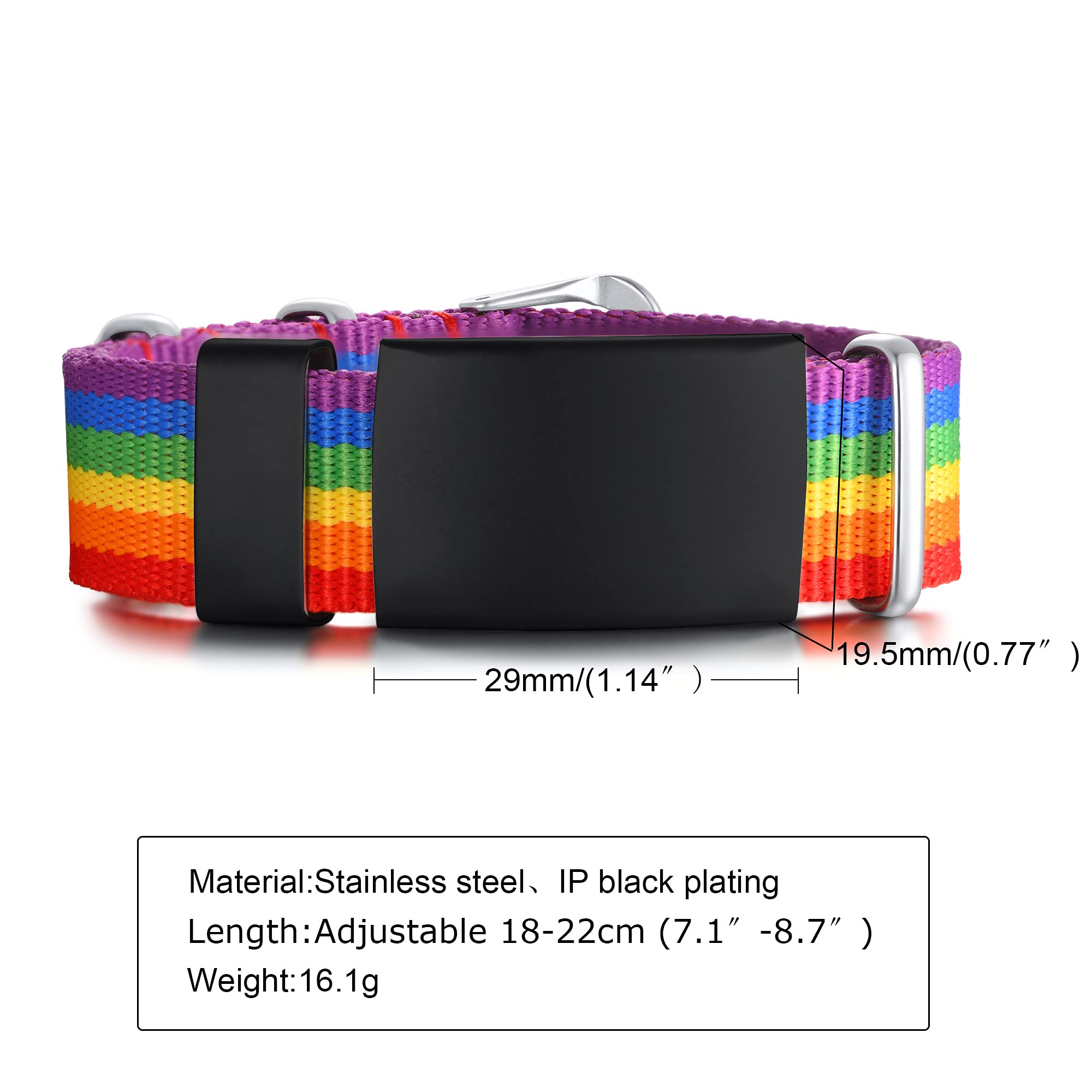 Mealguet Jewelry Personalized Nylon Strap Style ID Bracelet, Stainless Steel Adjustable Buckle Military Style Rainbow Color Identification Wristband, Customized ID Bracelet for Men Women