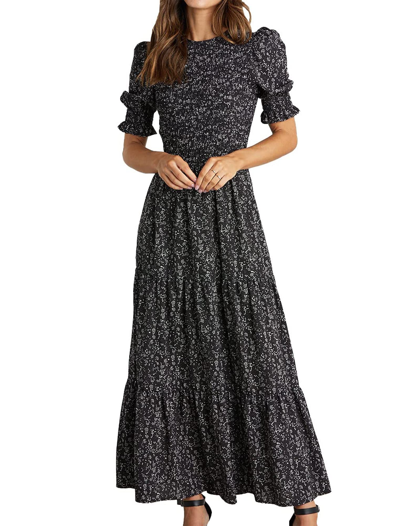 BTFBM Women Casual Summer Dresses 2025 Spring Crew Neck Ruffle Short Sleeve Floral Print Smocked Boho Flowy Maxi Dress(Floral Black White, Large)