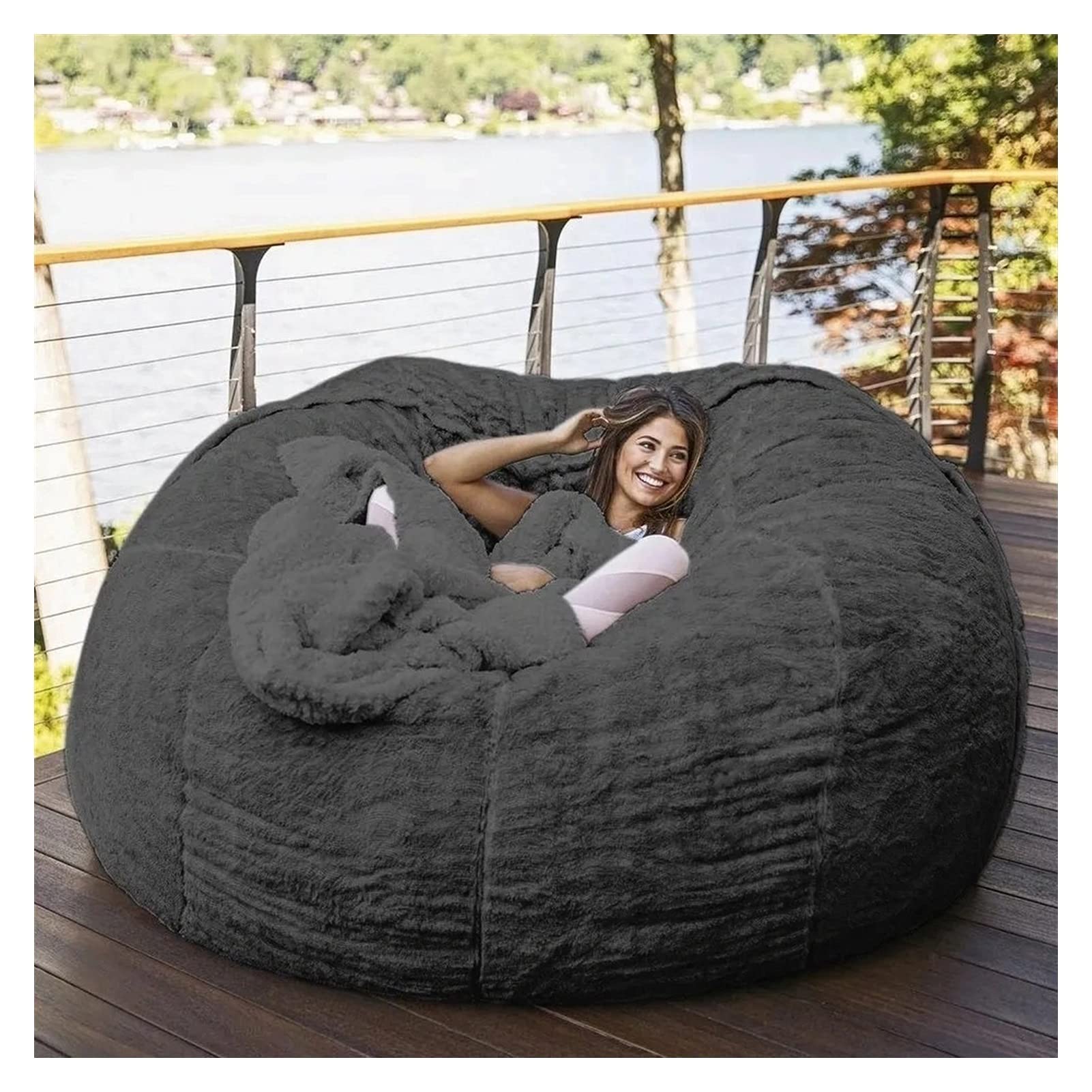 Giant Fur Bean Bag Chair Cover for Kids Adults, (No Filler) Living Room Furniture Big Round Soft Fluffy Faux Fur Beanbag Lazy Sofa Bed Cover (Dark Grey, 6FT)
