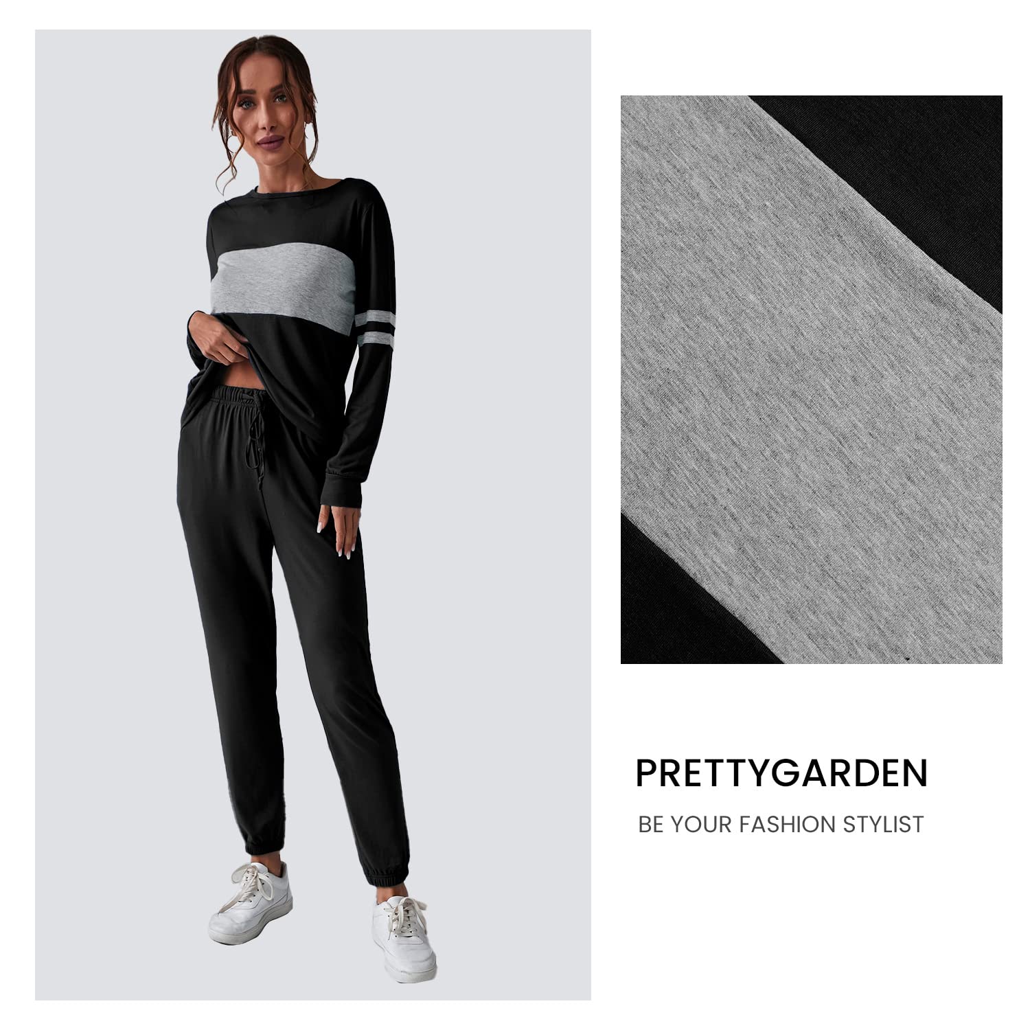 PRETTYGARDEN Women's Color Block 2 Piece Tracksuit Crewneck Long Sleeve Tops Long Sweatpants Outfits Lounge Sets(Black,X-Large)