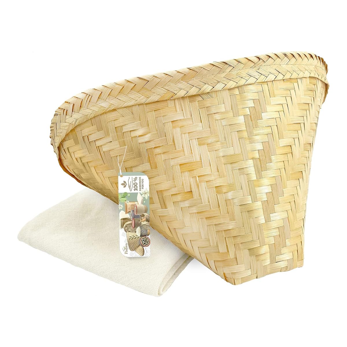 Traditional Sticky Rice Cooking Basket Handcrafted THAI Bamboo Wing Design with 24x24 Inch Cheesecloth Wrap Included