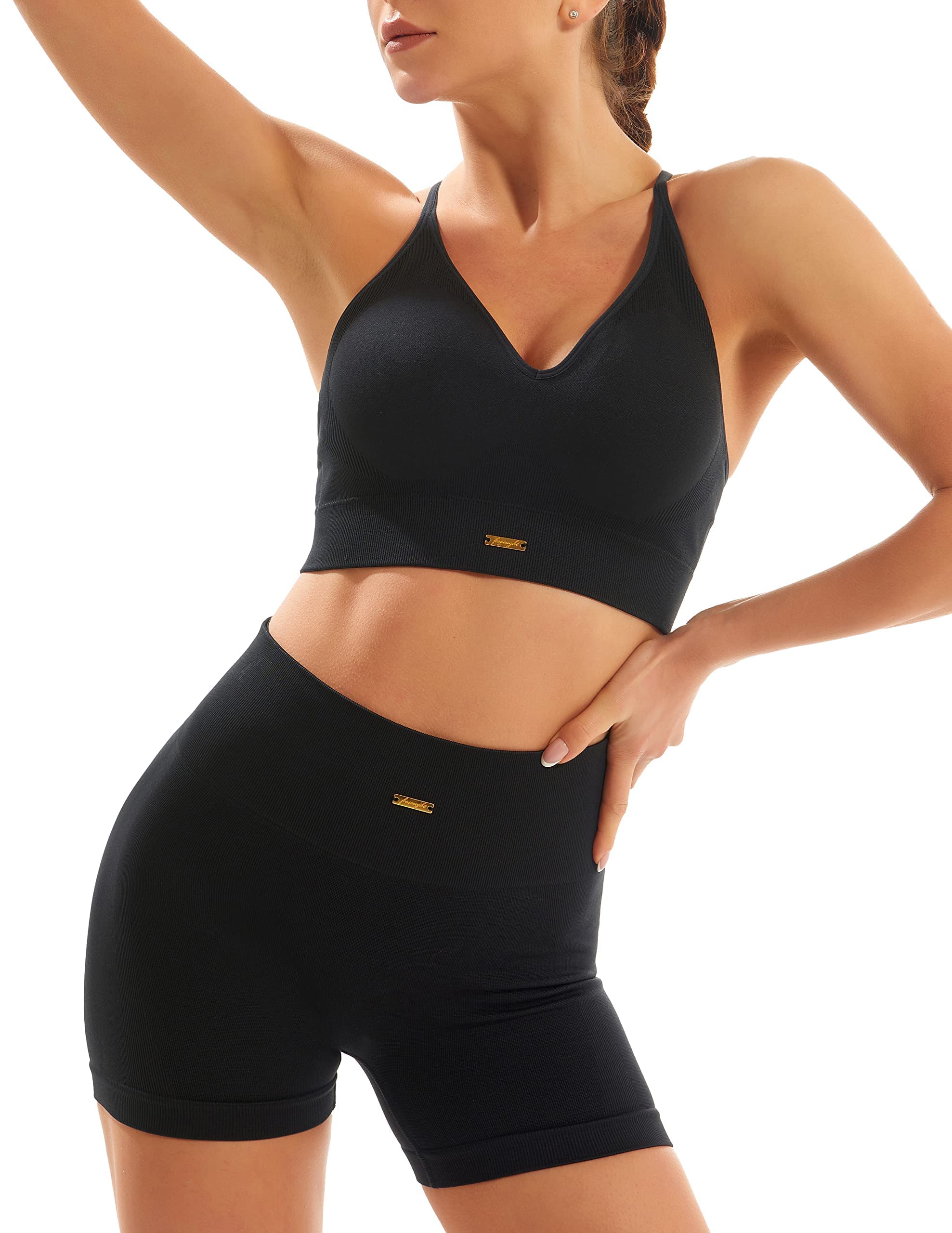 FRESOUGHT Matching Workout Sets for Women Cropped Tank Tops High Waisted 2 Piece Shorts Set for Women Outfit Black L