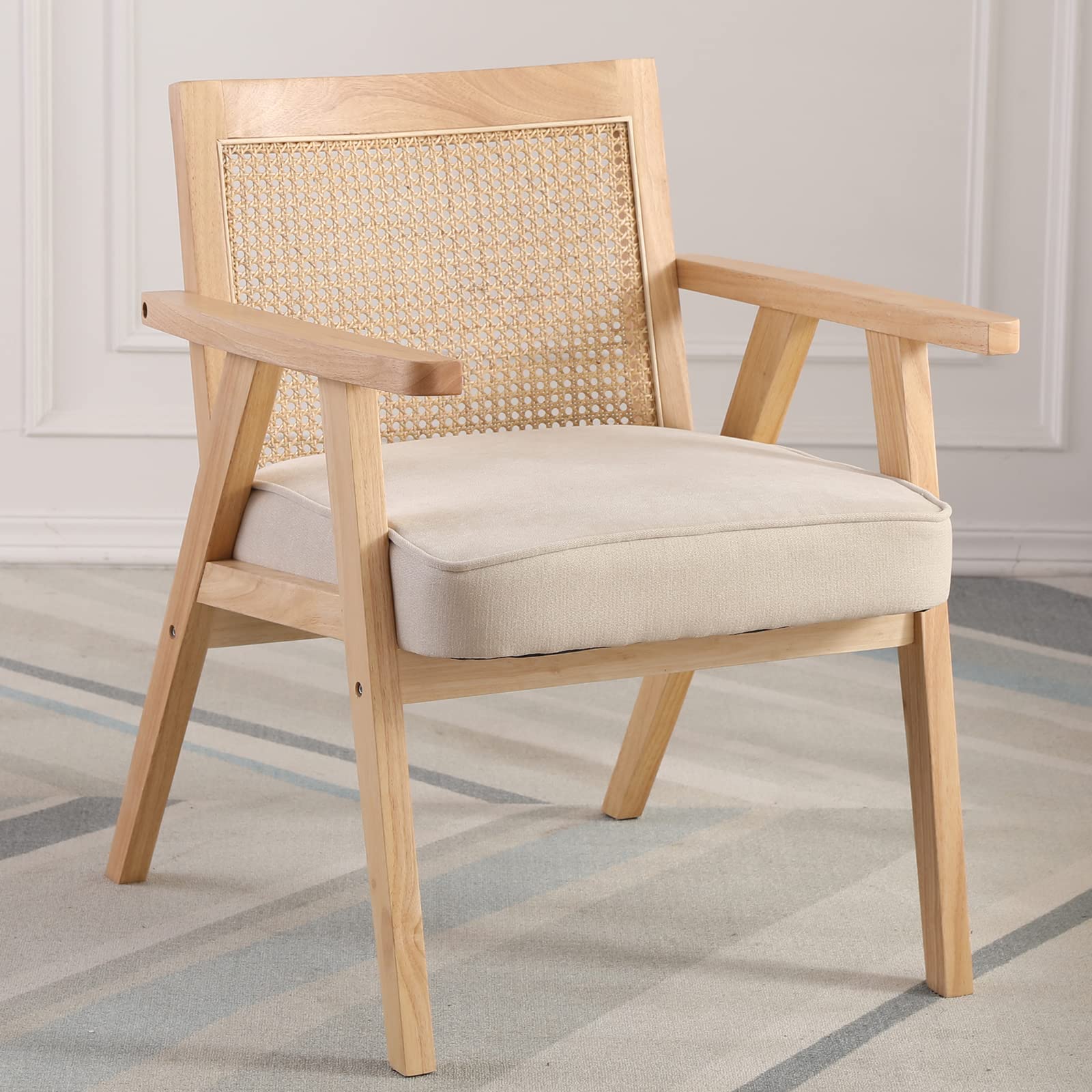 Guyou Mid Century Modern Rattan Chair, Upholstered Velvet Accent Chair with Rattan Back, Retro Living Room Chair for Bedroom/Fire Place/Reading Room (Beige)
