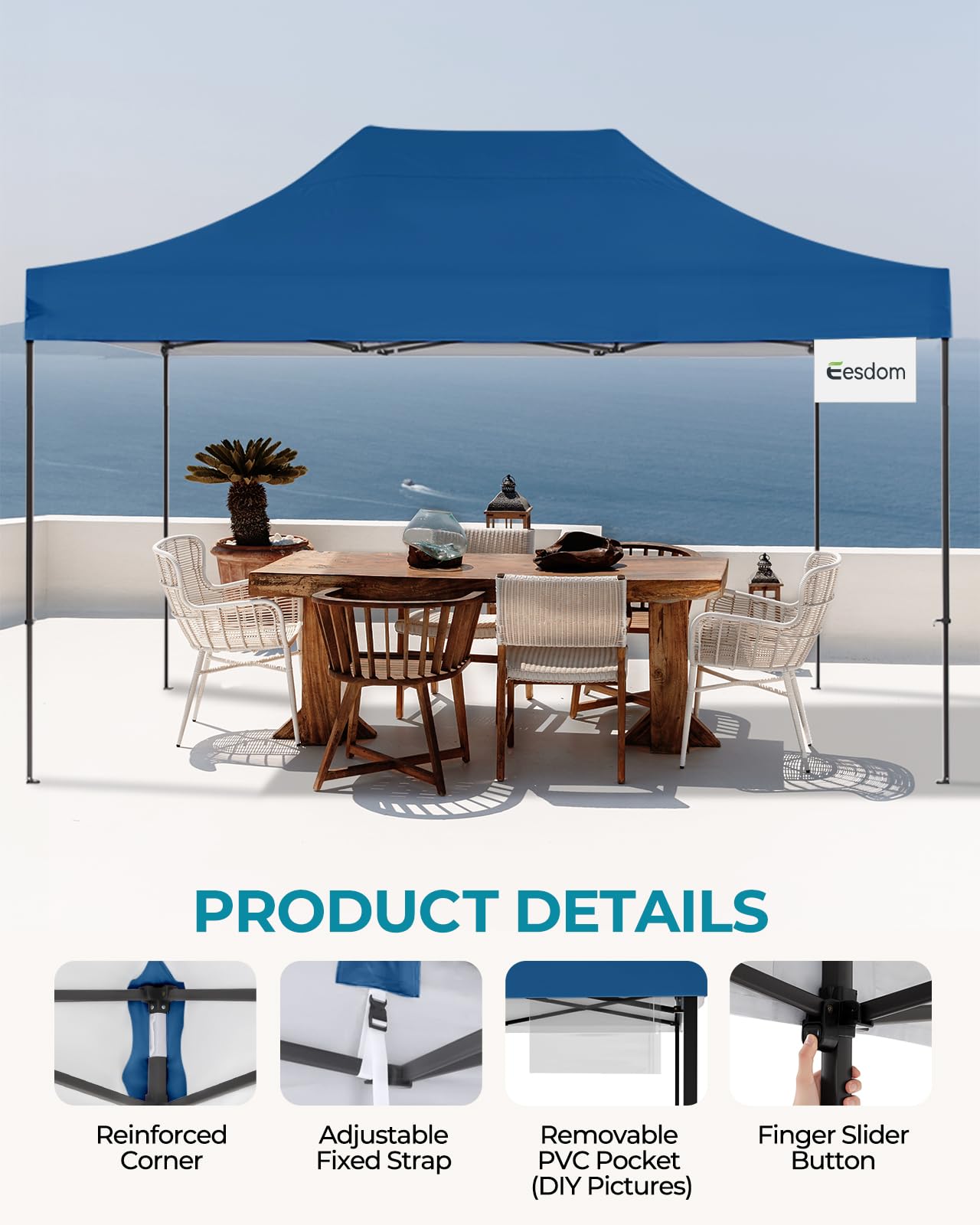 Eesdom 10in x 15in Canopy Tent with Roller Bag, Easy Up Pop Up Tent, 300D Silver-Coating Outdoor Shelter, 4 Stakes & 4Sandbags & 4 Ropes, Blue