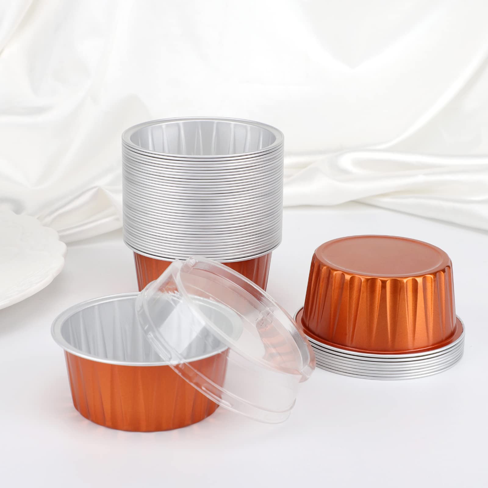 EUSOAR Foil Baking Cups, 30pcs 5oz Disposable Aluminum Foil Cups Cupcake Containers Wrappers with Lids, Dessert Cups with Lids Mini Aluminum Cheesecake Pan Creme Brulee Ramekins-Caramel