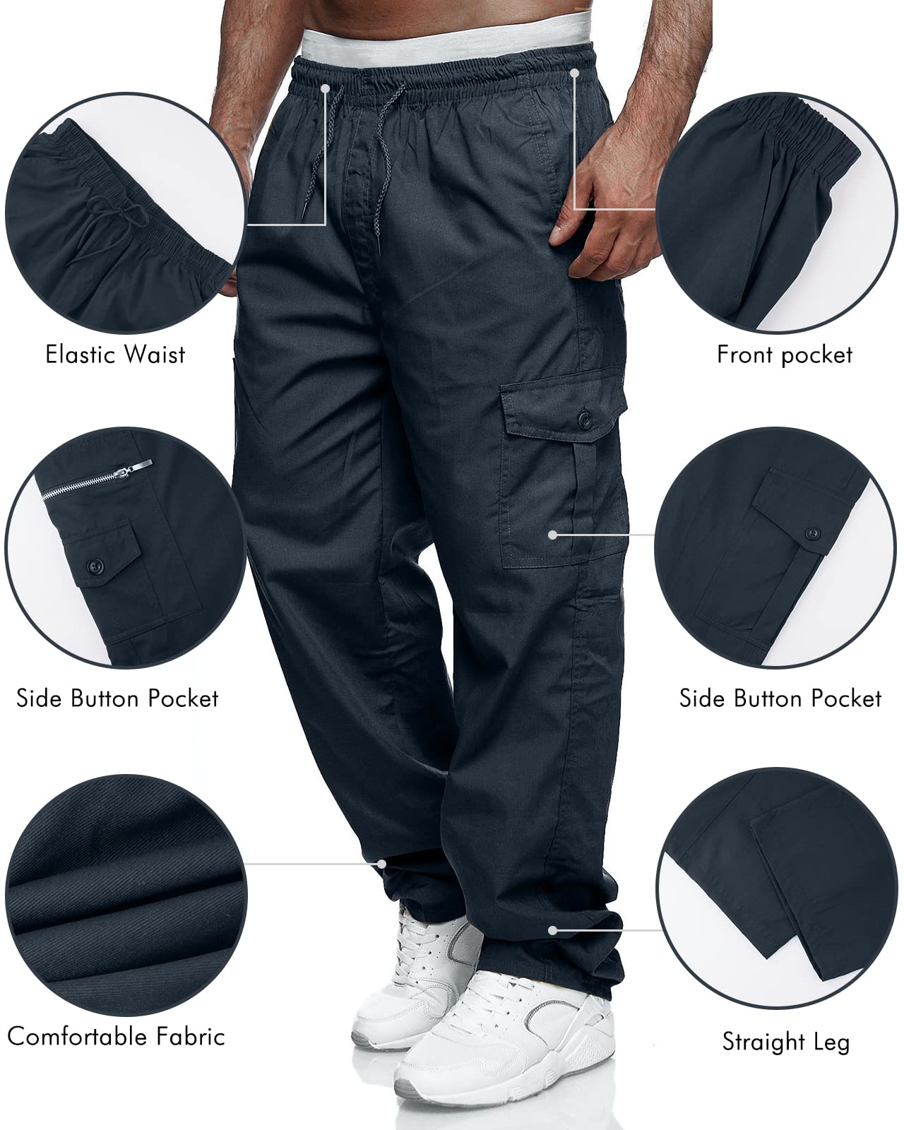 Men's Cargo Pants Relaxed Fit Sport Pants Jogger Sweatpants Drawstring Outdoor Trousers with Pockets Navy Blue 4XL