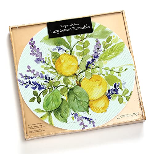 CounterArt Watercolor Lemons 4mm Heat Tolerant Tempered Glass Lazy Susan Turntable 13" Diameter Cake Plate Condiment Caddy Pizza Server