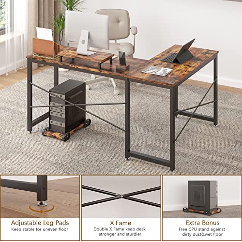 HEEYUE Computer Desk, L Shaped Desk with Large Desktop, Corner Table with Monitor Stand PC Laptop Table Computer Workstation for Home Office (Rustic Brown)