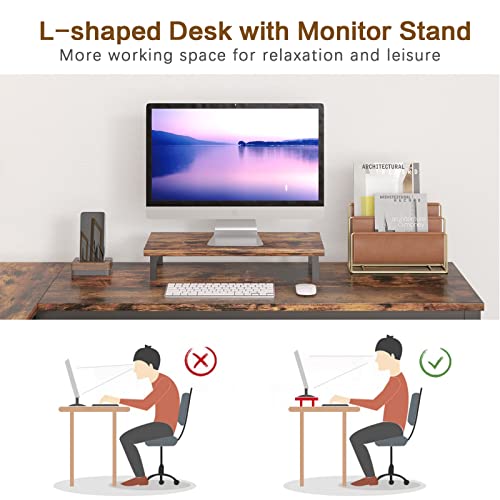 HEEYUE Computer Desk, L Shaped Desk with Large Desktop, Corner Table with Monitor Stand PC Laptop Table Computer Workstation for Home Office (Rustic Brown)
