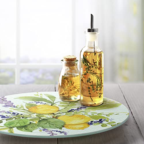 CounterArt Watercolor Lemons 4mm Heat Tolerant Tempered Glass Lazy Susan Turntable 13" Diameter Cake Plate Condiment Caddy Pizza Server