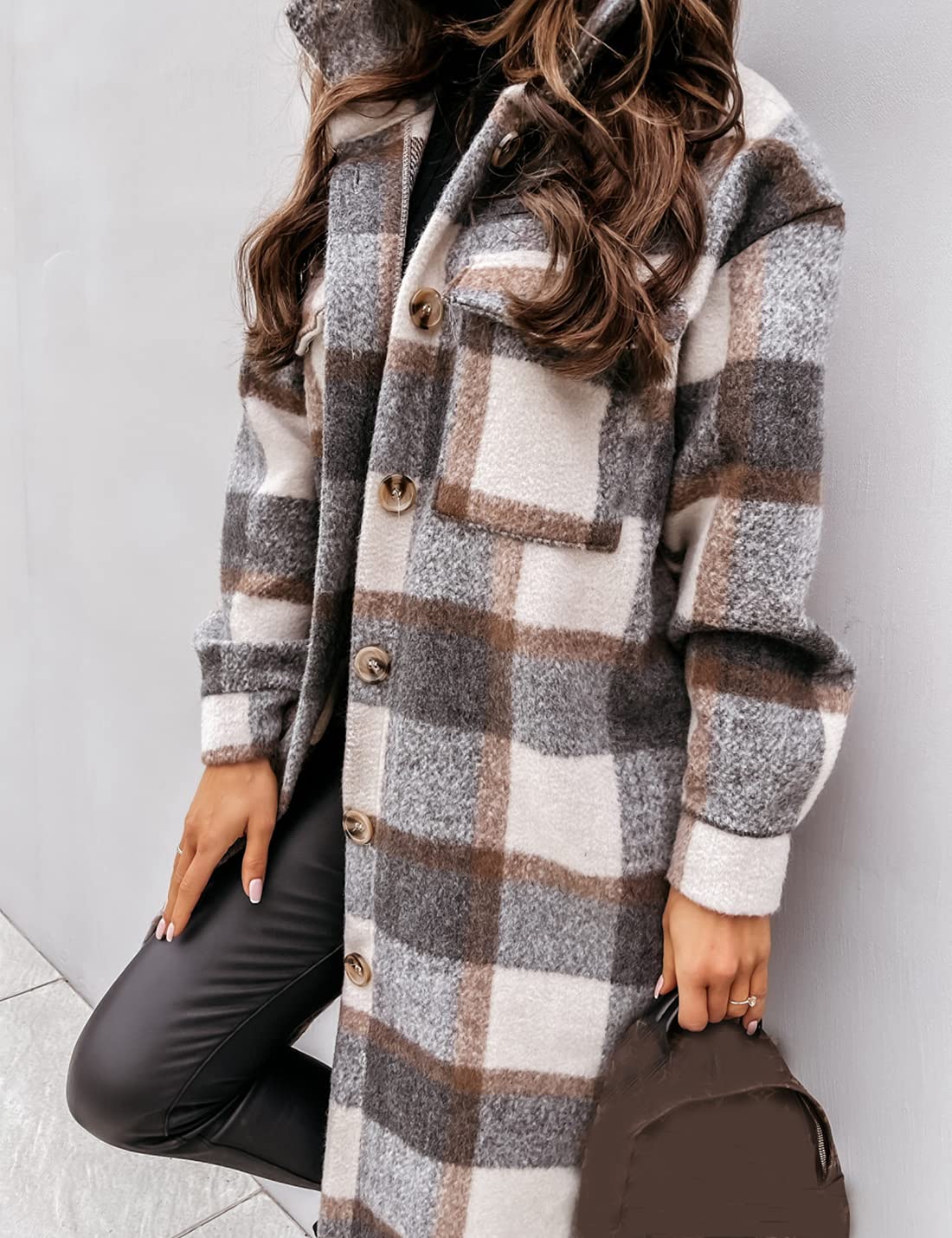 Esmeling Womens Plaid Shacket Brushed Flannel Shirt Jacket Mid Long Wool Blend Tartan Coat(0001-DarkGrey-M)