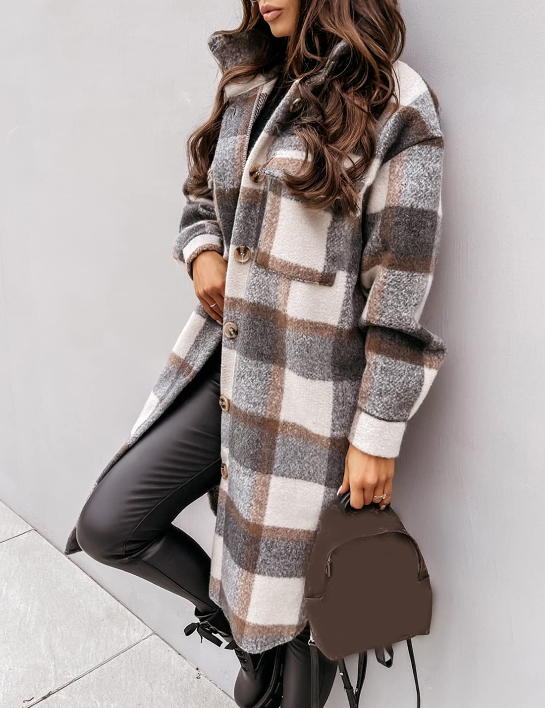 Esmeling Womens Plaid Shacket Brushed Flannel Shirt Jacket Mid Long Wool Blend Tartan Coat(0001-DarkGrey-M)