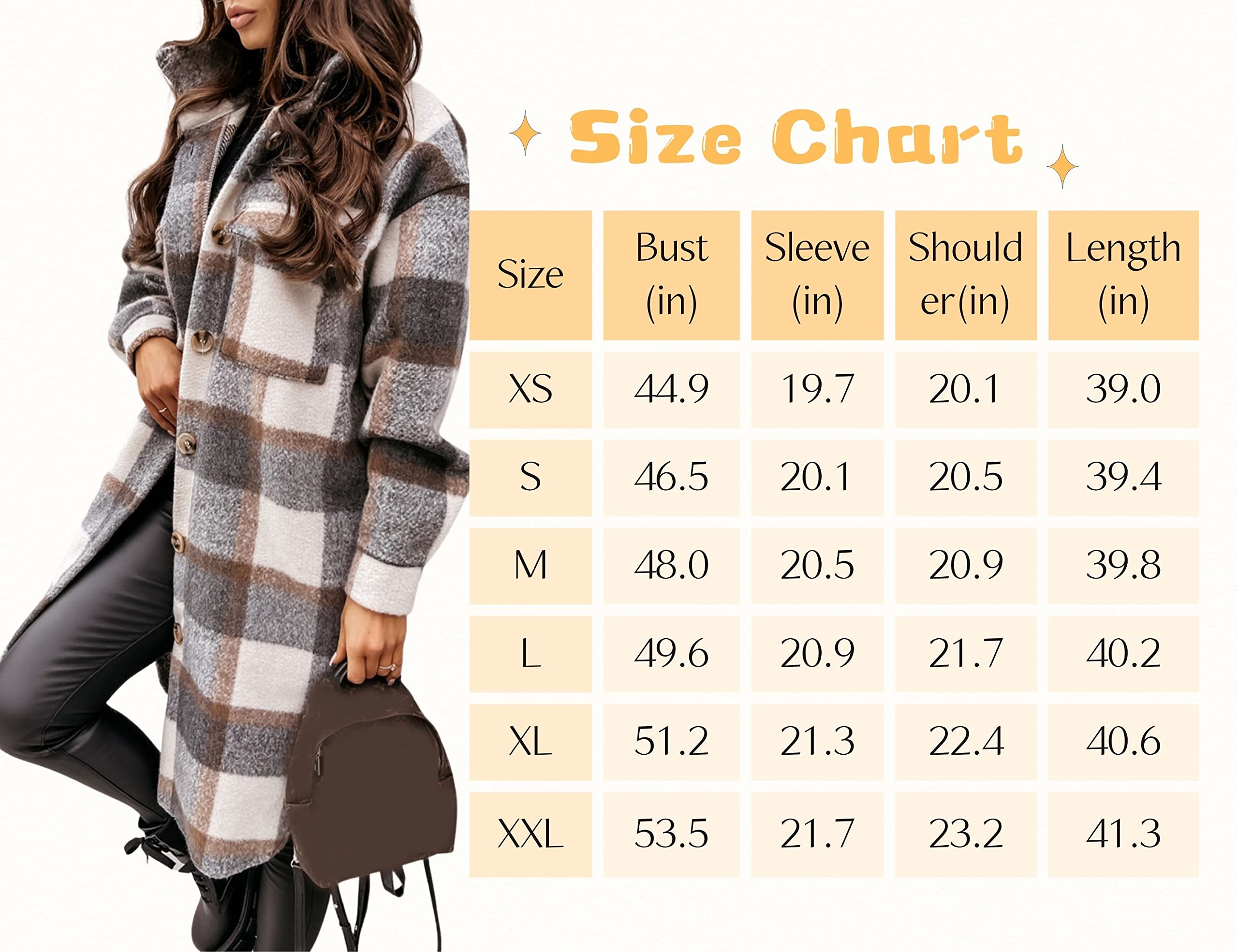Esmeling Womens Plaid Shacket Brushed Flannel Shirt Jacket Mid Long Wool Blend Tartan Coat(0001-DarkGrey-M)
