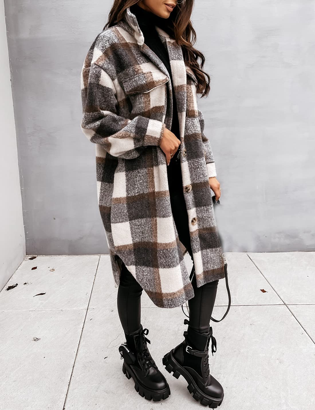 Esmeling Womens Plaid Shacket Brushed Flannel Shirt Jacket Mid Long Wool Blend Tartan Coat(0001-DarkGrey-M)