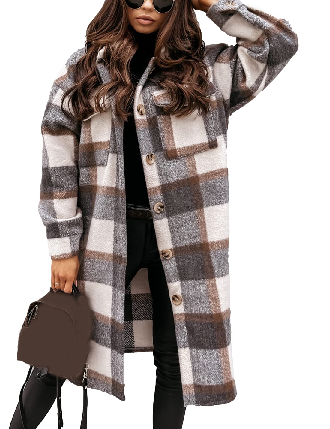 Esmeling Womens Plaid Shacket Brushed Flannel Shirt Jacket Mid Long Wool Blend Tartan Coat(0001-DarkGrey-M)