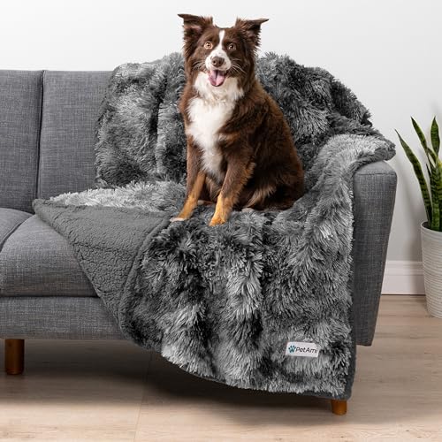 PetAmi Waterproof Dog Blanket for Small Medium Dogs, Calming Fleece Cat Blanket, Couch Protector Washable Sherpa Faux Fur Pet Throw for Puppy, Soft Reversible 29x40 Tie-Dye Gray