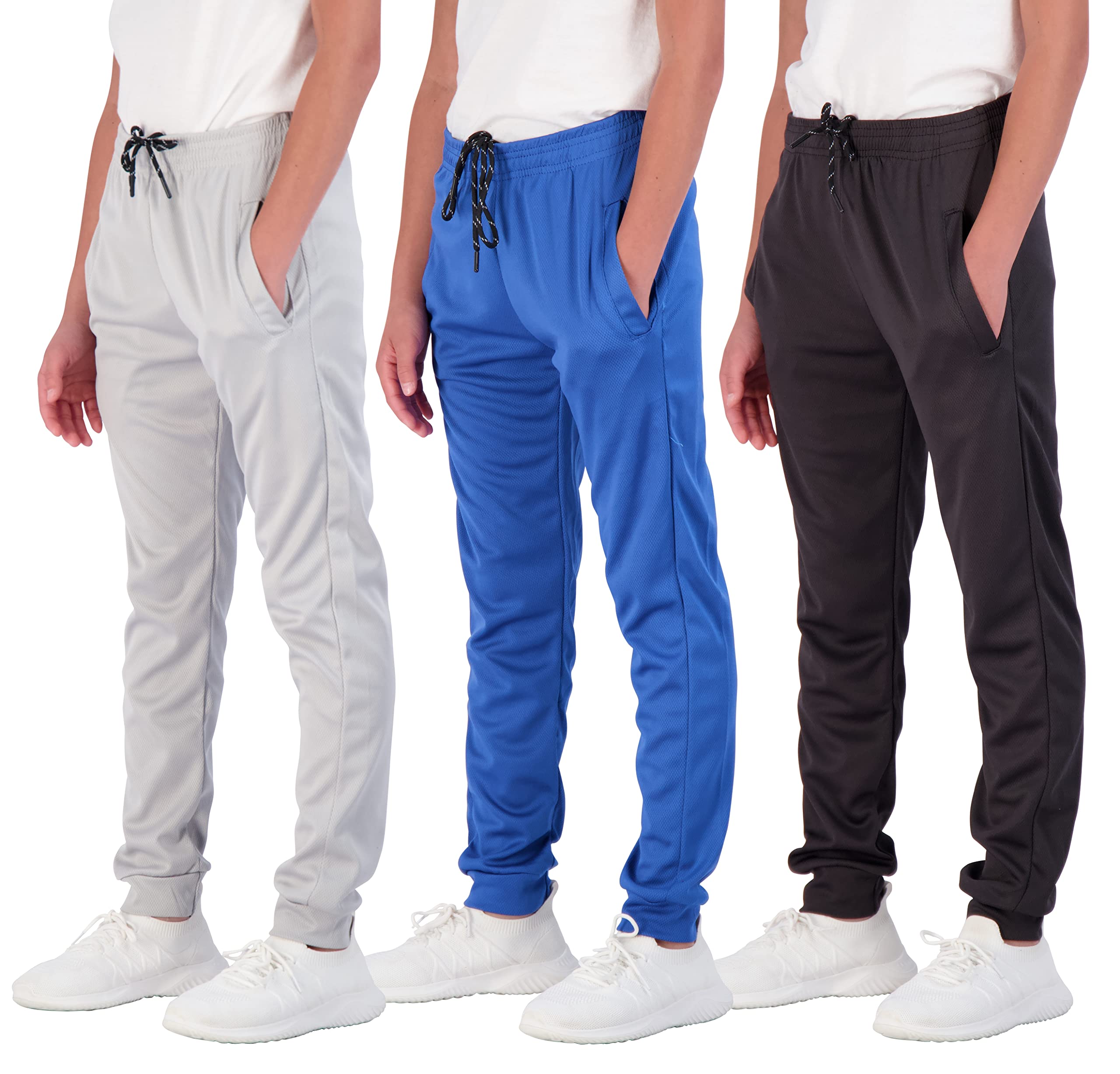 Real Essentials 3 Pack Boys Youth Active Teen Mesh Sweatpants Joggers Running Basketball School Track Pants Athletic Workout Gym Training Jogger Fit Kid Casual Pockets - Set 4,S(8)