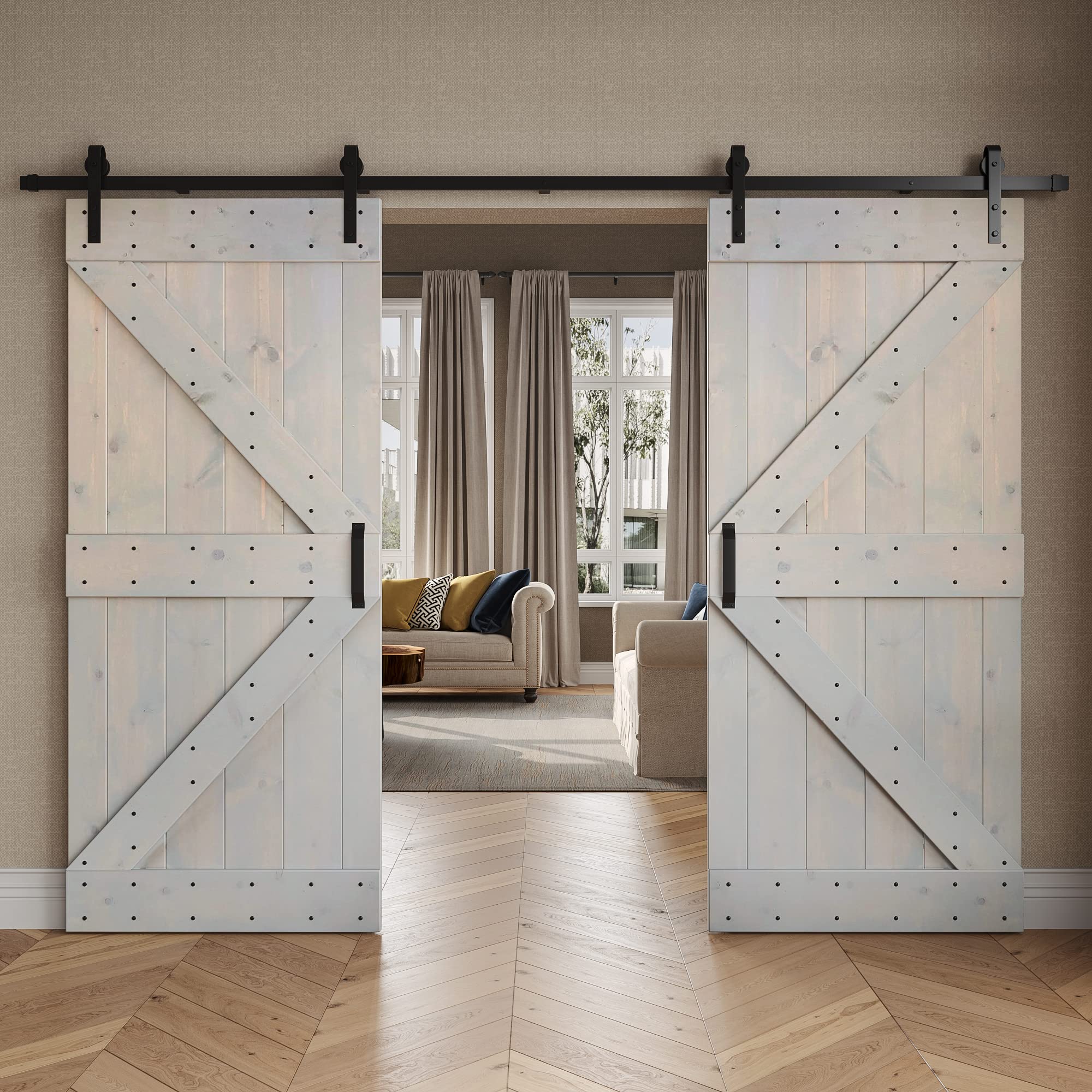 48 in/60in/72in/84in X 84 in K Series DIY Knotty Wood Double Sliding Barn Door with Hardware Kit (72 in x 84 in, Light Grey)