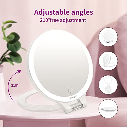 Lighted Magnifying Makeup Mirror, Two Sided 1X/10X Round Vanity Mirror with Adjustable Folding Swiwle Handle, 3 Color Lighting, Rechargeable