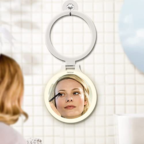 Lighted Magnifying Makeup Mirror, Two Sided 1X/10X Round Vanity Mirror with Adjustable Folding Swiwle Handle, 3 Color Lighting, Rechargeable