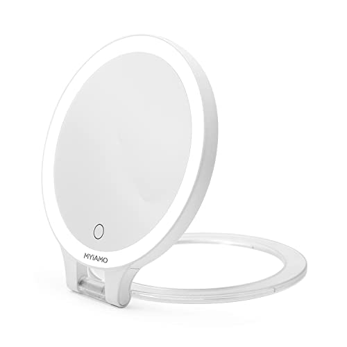 Lighted Magnifying Makeup Mirror, Two Sided 1X/10X Round Vanity Mirror with Adjustable Folding Swiwle Handle, 3 Color Lighting, Rechargeable