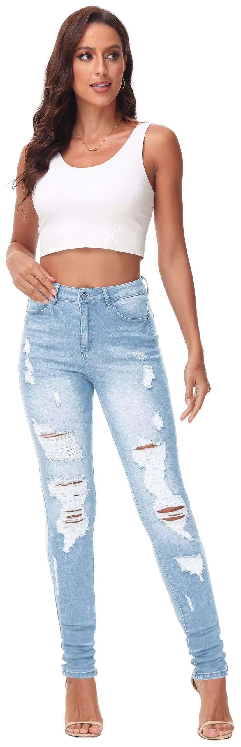 KDF Women's High Waisted Jeans for Women Distressed Ripped Jeans Slim Fit Butt Lifting Skinny Stretch Jeans Denim Pants