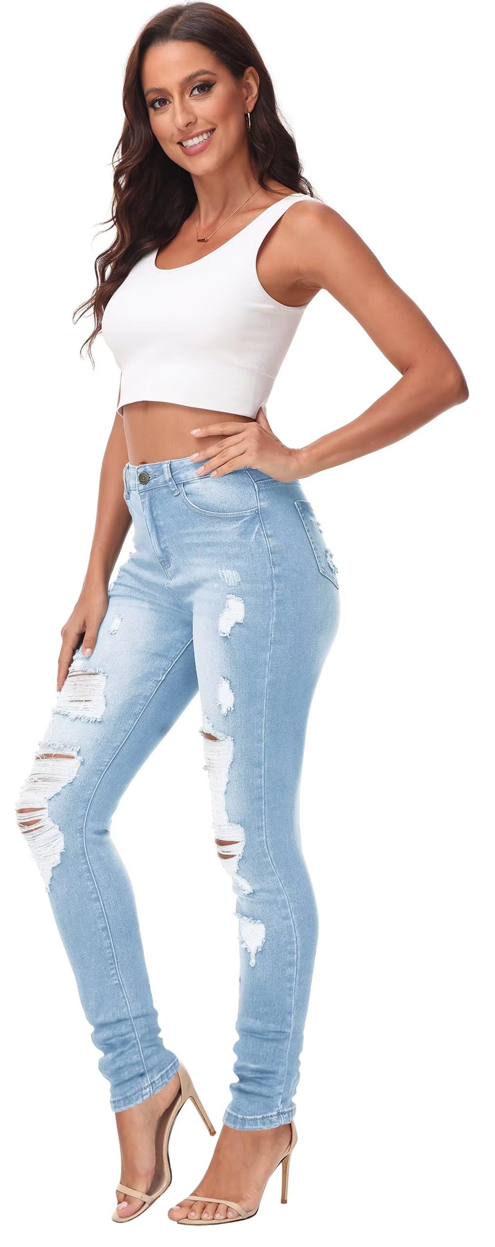 KDF Women's High Waisted Jeans for Women Distressed Ripped Jeans Slim Fit Butt Lifting Skinny Stretch Jeans Denim Pants