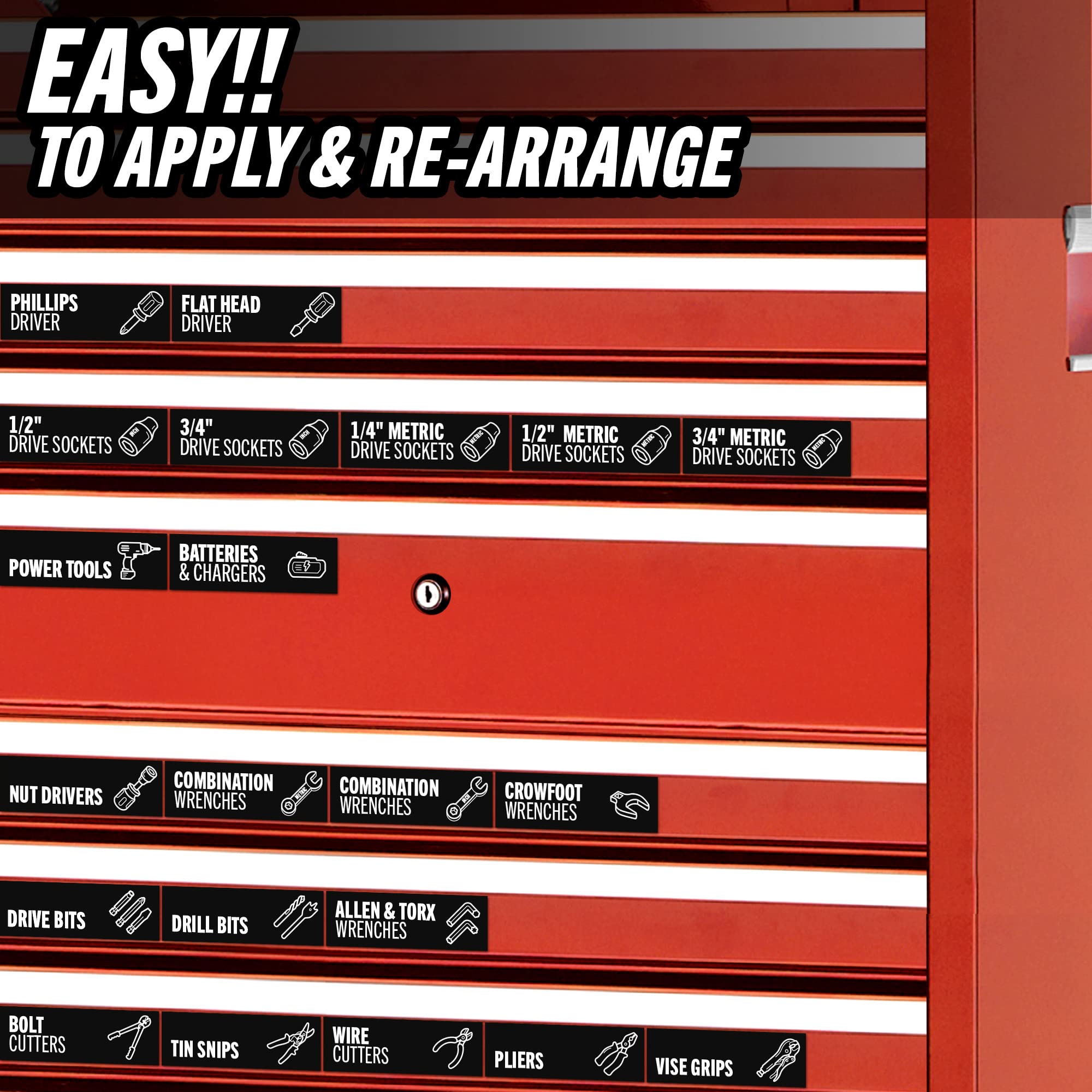 Toolbox Organization Magnetic Labels-80 Large Tool Chest Organizer Labels-Strong Magnets-Fits All Brands of Steel Tool Box Drawers(Black 3.125x1.0 in)