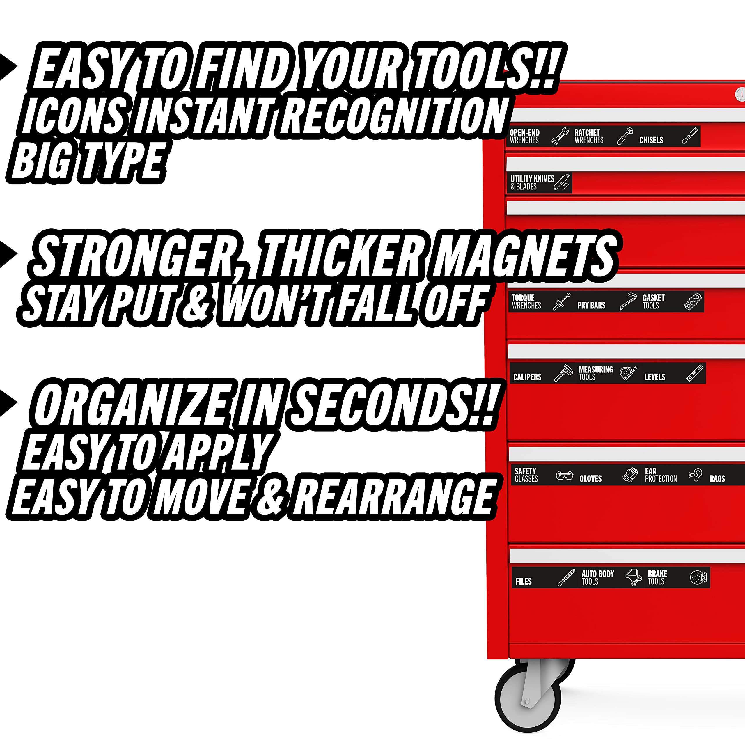 Toolbox Organization Magnetic Labels-80 Large Tool Chest Organizer Labels-Strong Magnets-Fits All Brands of Steel Tool Box Drawers(Black 3.125x1.0 in)