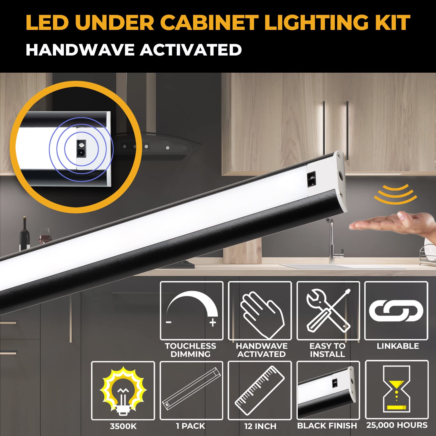 LED Hand Wave Motion Sensor Under Cabinet Lighting Plug In Kit - Dimmable Under Counter Lights for Kitchen - Black Finish - 12Inch (1Pack) - 12v LED Light Bar - Soft Neutral 3500K - Touchless Dimming