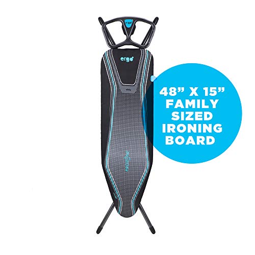 Minky Ergo Prozone Ironing Board | Made in UK | Dual Iron Rest, Heat Reflective Cover, Thick Felt Underlay - Freestanding Ironing Board with Large 48" x 15" Ironing Surface (Gunmetal and Blue)