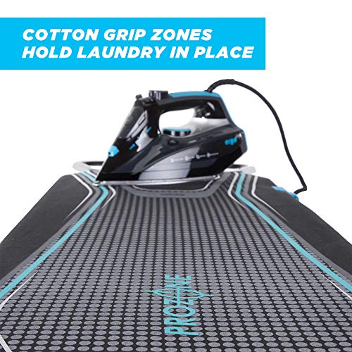 Minky Ergo Prozone Ironing Board | Made in UK | Dual Iron Rest, Heat Reflective Cover, Thick Felt Underlay - Freestanding Ironing Board with Large 48" x 15" Ironing Surface (Gunmetal and Blue)